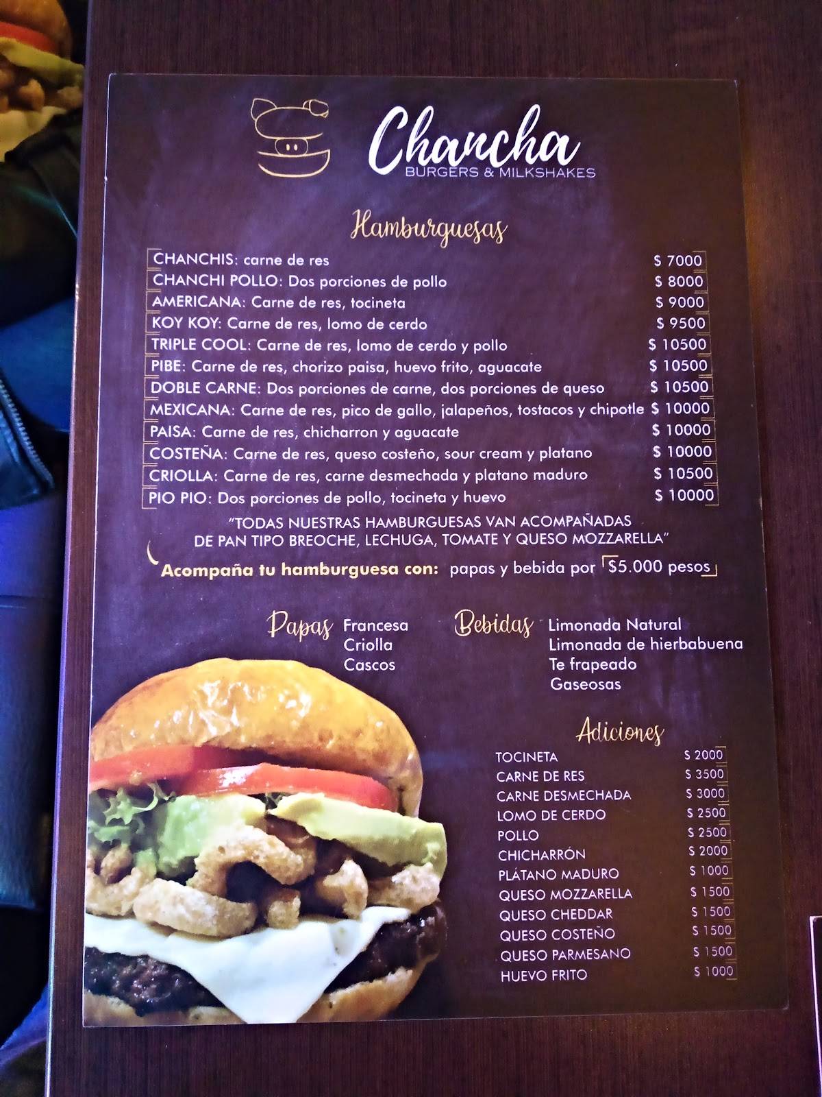 Carta del restaurante La chancha, Bogotá