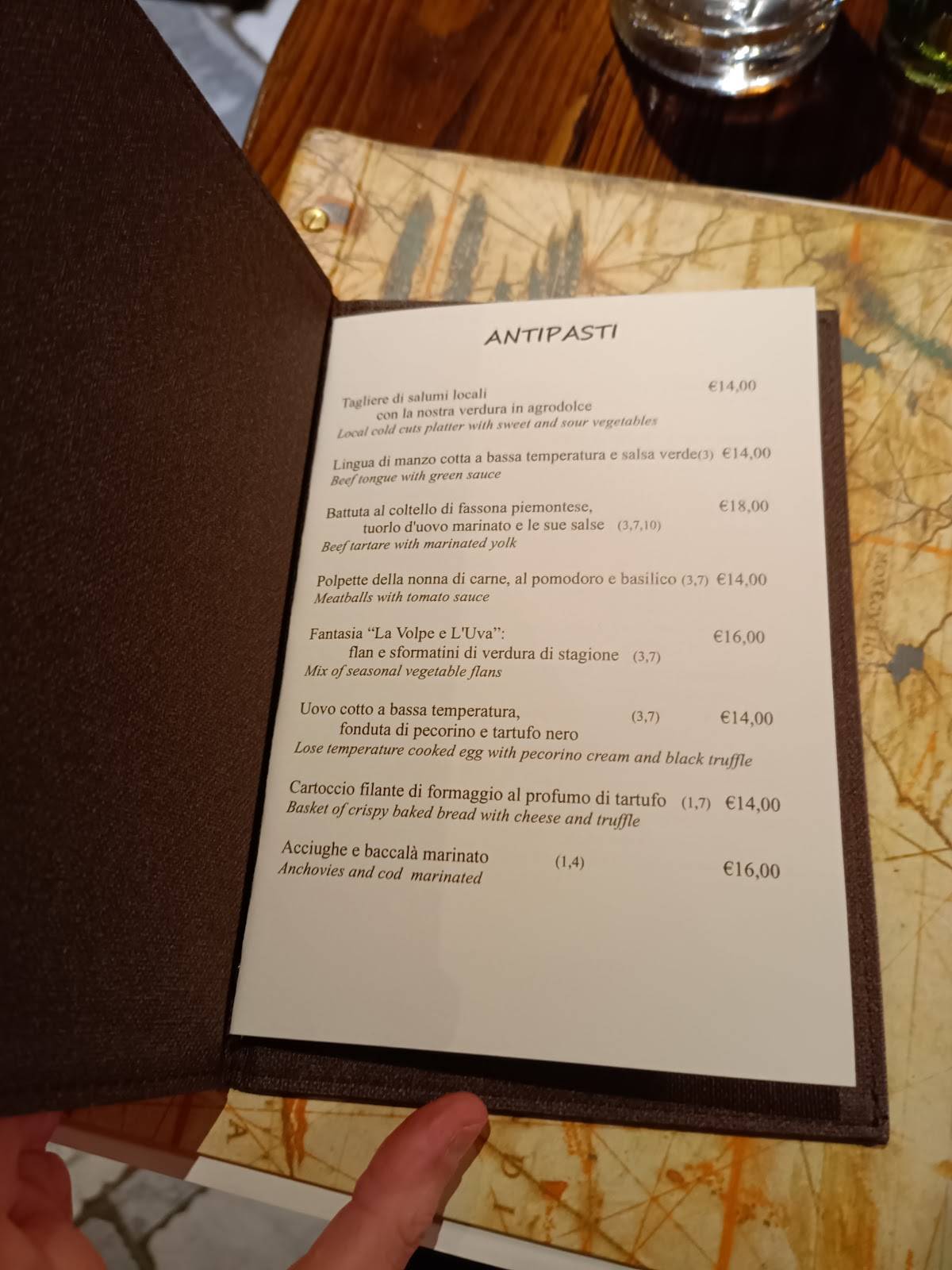 Carta del restaurante La volpe e l'uva, Pietrasanta