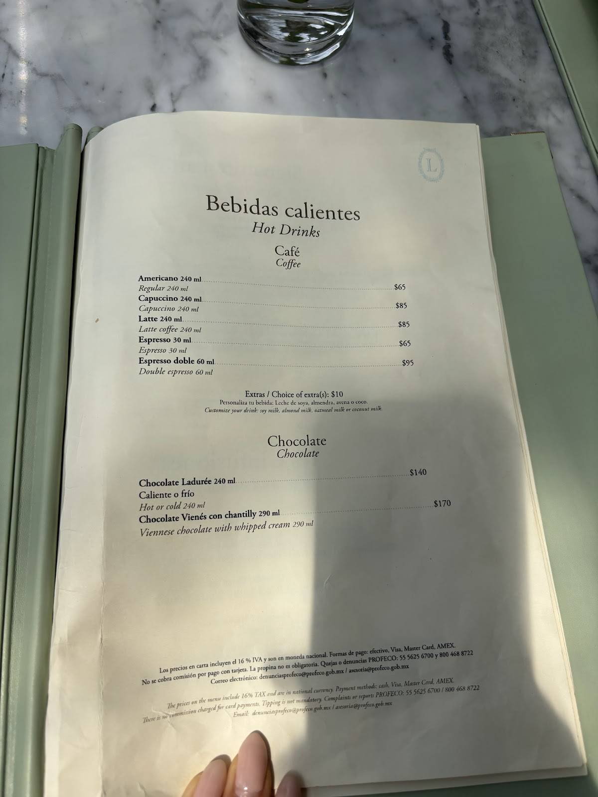 Carta del restaurante Ladurée, Ciudad del México
