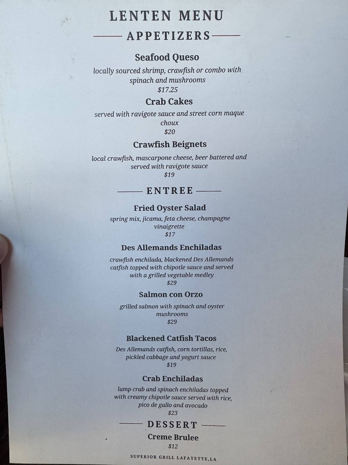 Menu at Superior Grill Lafayette restaurant, Lafayette