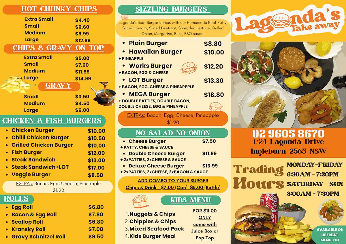 Menu at Lagonda Takeaway fast food, Ingleburn