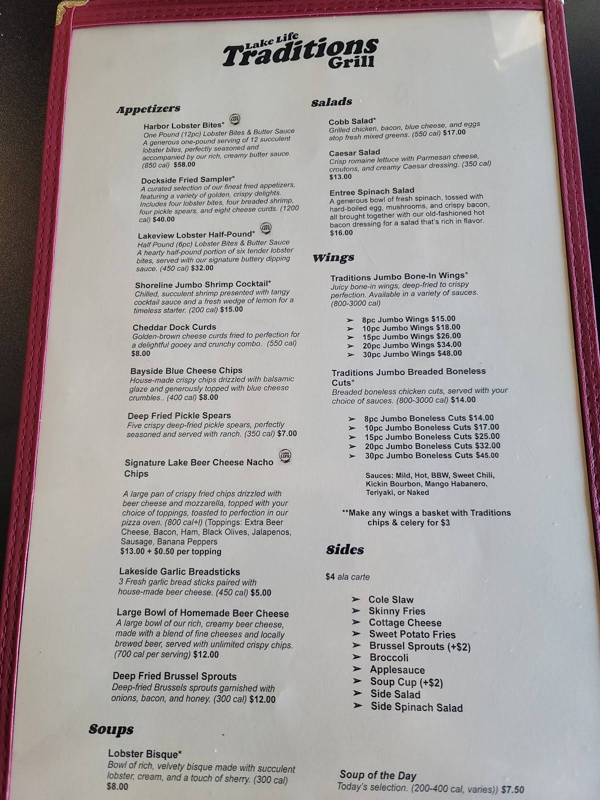 Menu at Lake Life Traditions Grill pub & bar, Angola