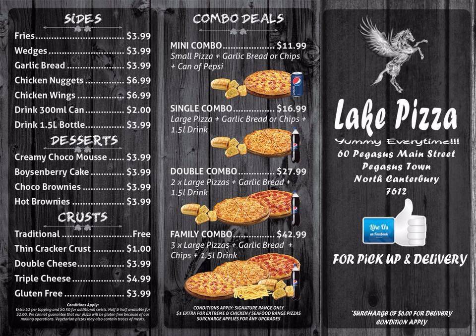 Menu at Lake pizza restaurant, Pegasus