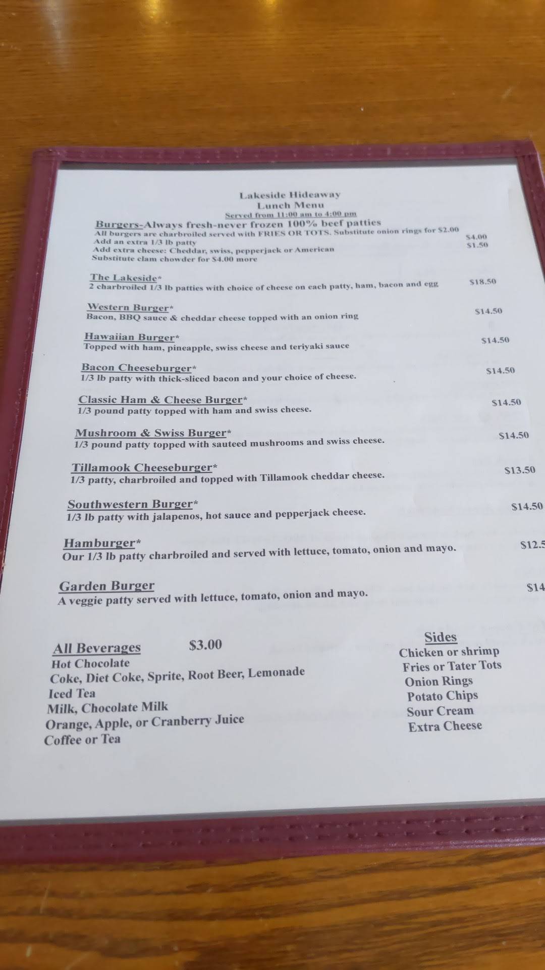 Menu at Lakeside Hideaway restaurant, Rockaway Beach