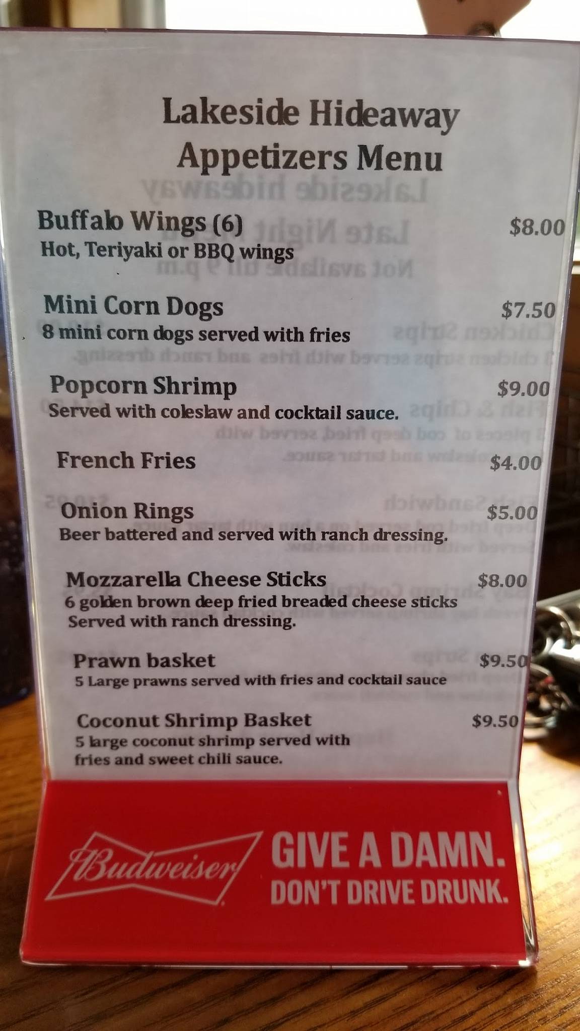 Menu at Lakeside Hideaway restaurant, Rockaway Beach