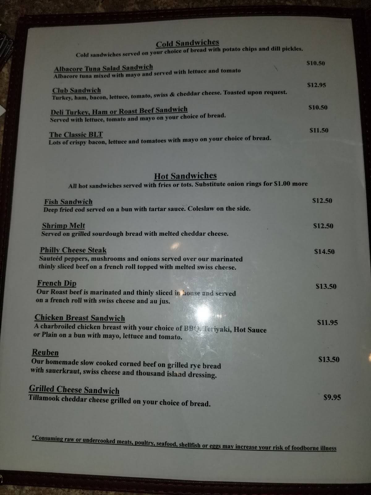 Menu at Lakeside Hideaway restaurant, Rockaway Beach