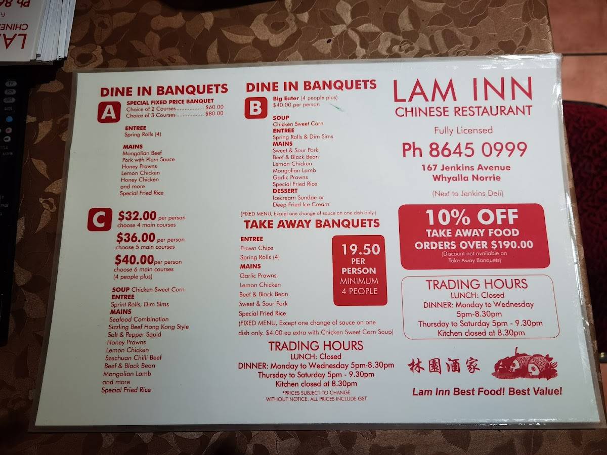 Menu at Lam Inn Chinese Restaurant, Whyalla Norrie