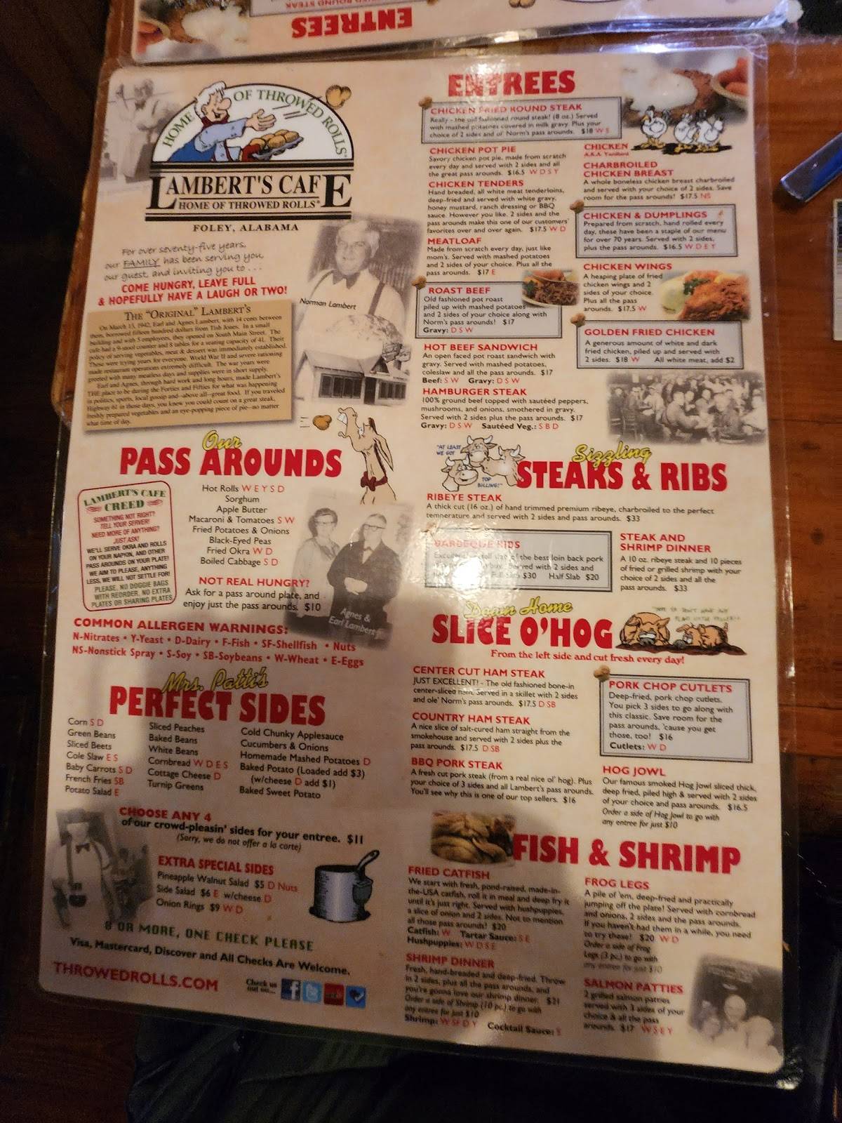Menu at Lambert's Cafe, Foley, S McKenzie St