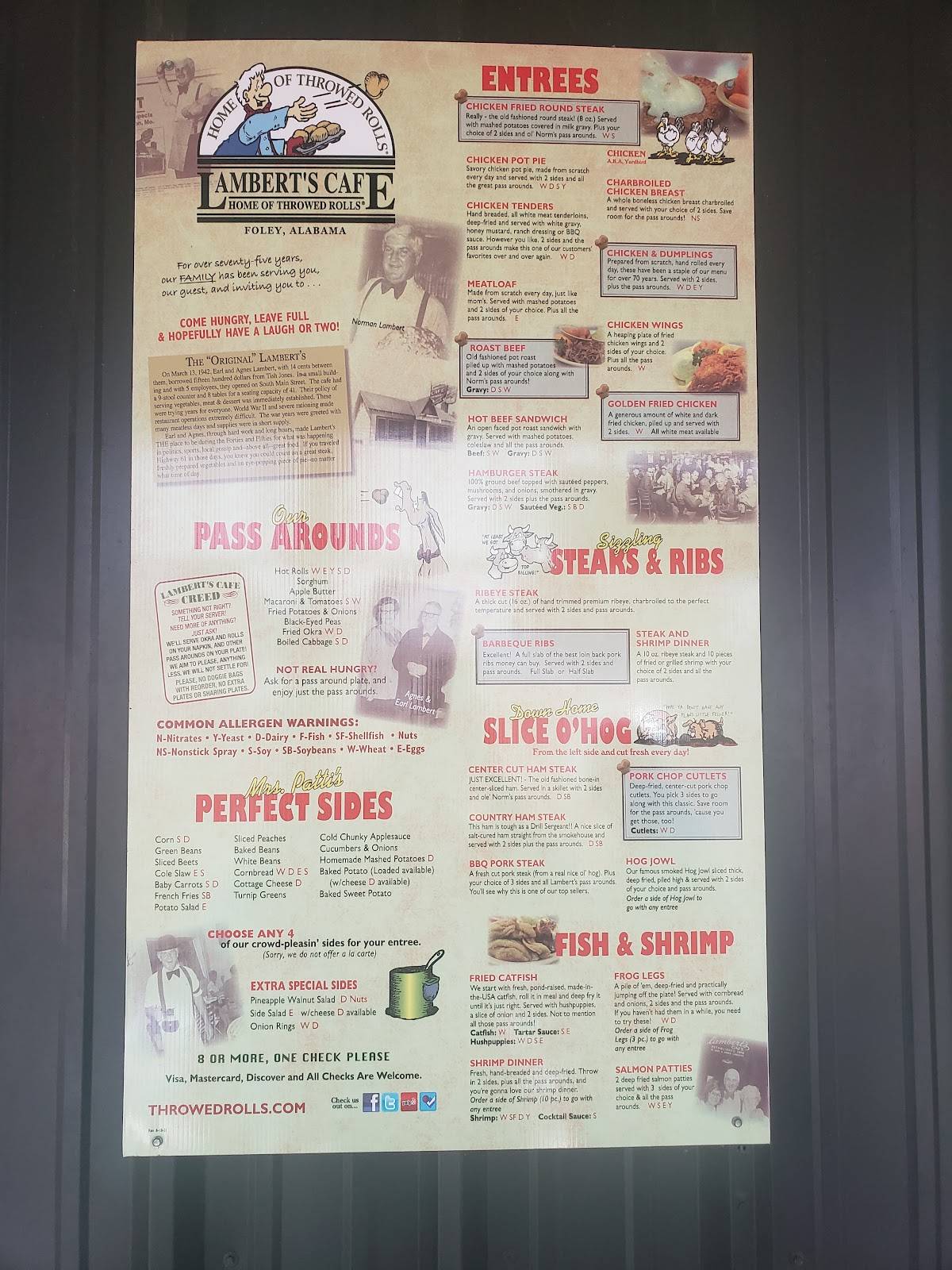 Menu at Lambert's Cafe, Foley, S McKenzie St