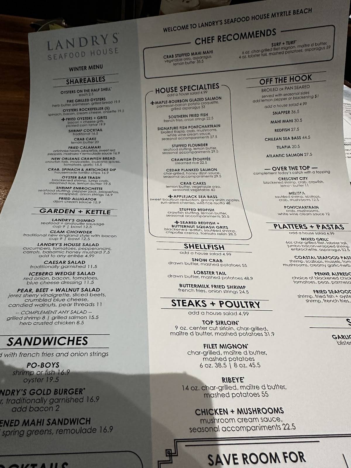 Menu at Landry's Seafood House steakhouse, Myrtle Beach