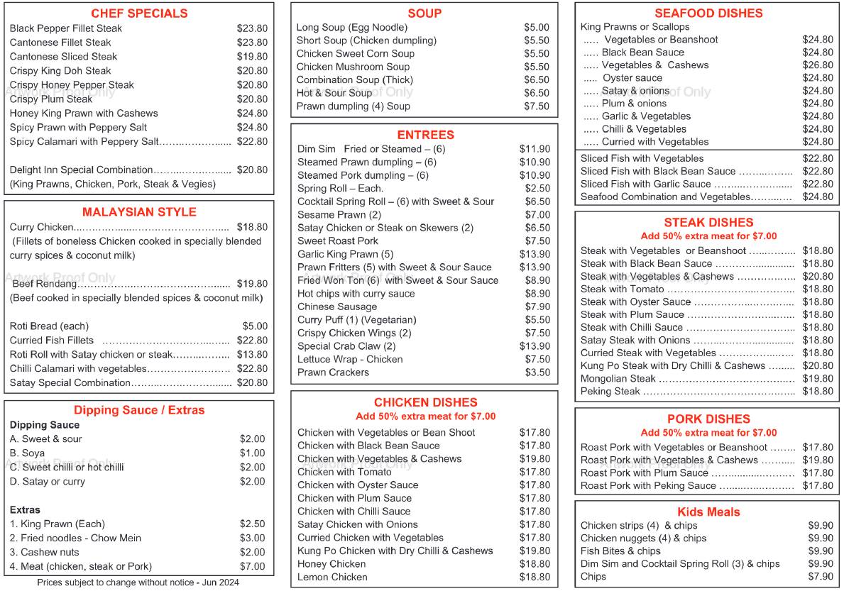 Menu at Delight Inn restaurant, Langwarrin, 121 Cranbourne-Frankston Rd