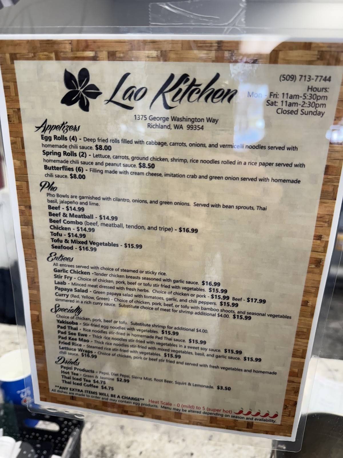 Menu at Lao Kitchen Restaurant, Richland, George Washington Way