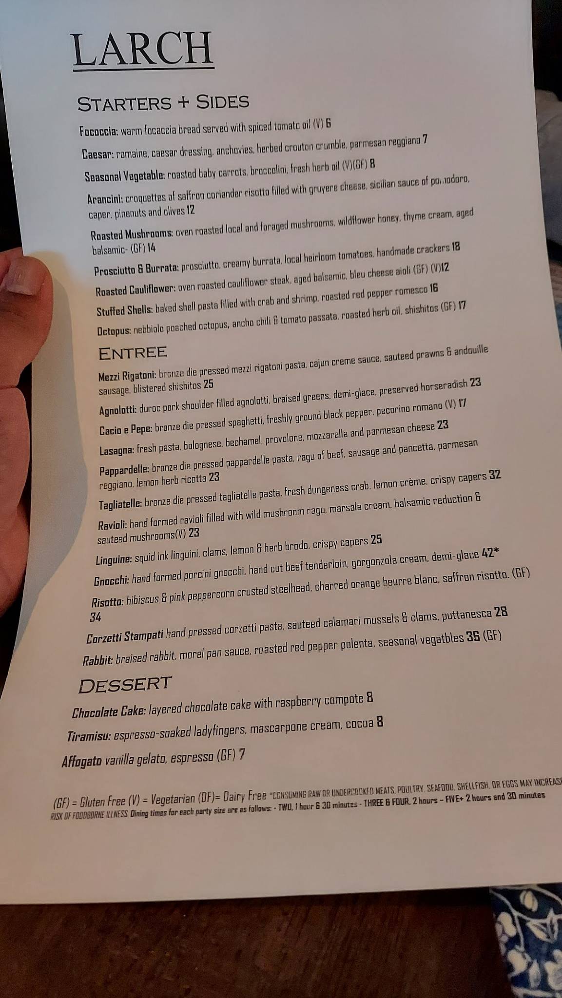 Menu at Larch Handcrafted Pasta & cocktails restaurant, Leavenworth