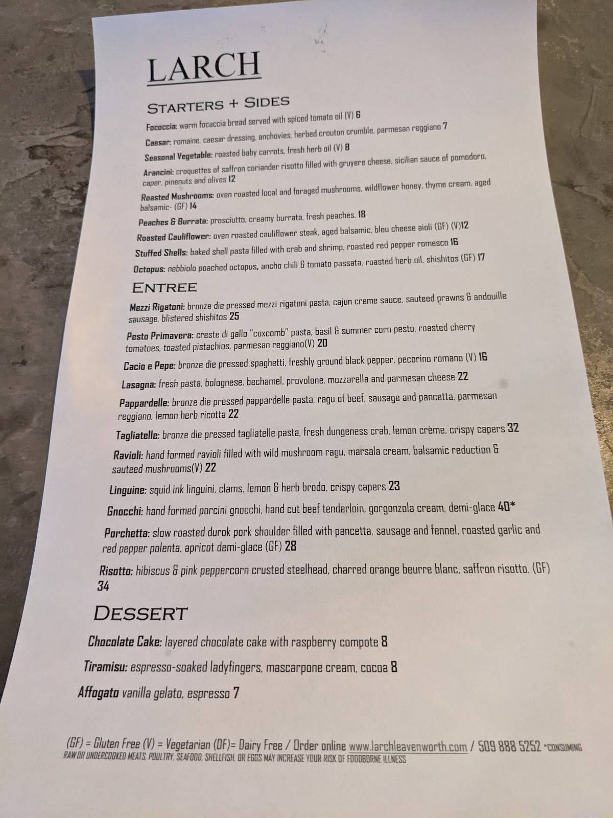 Menu at Larch Handcrafted Pasta & cocktails restaurant, Leavenworth