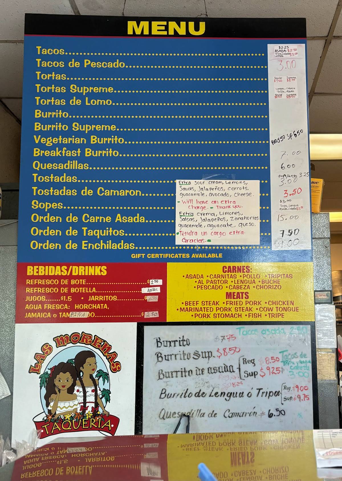 Menu at Las Morenas Taqueria restaurant, Medford