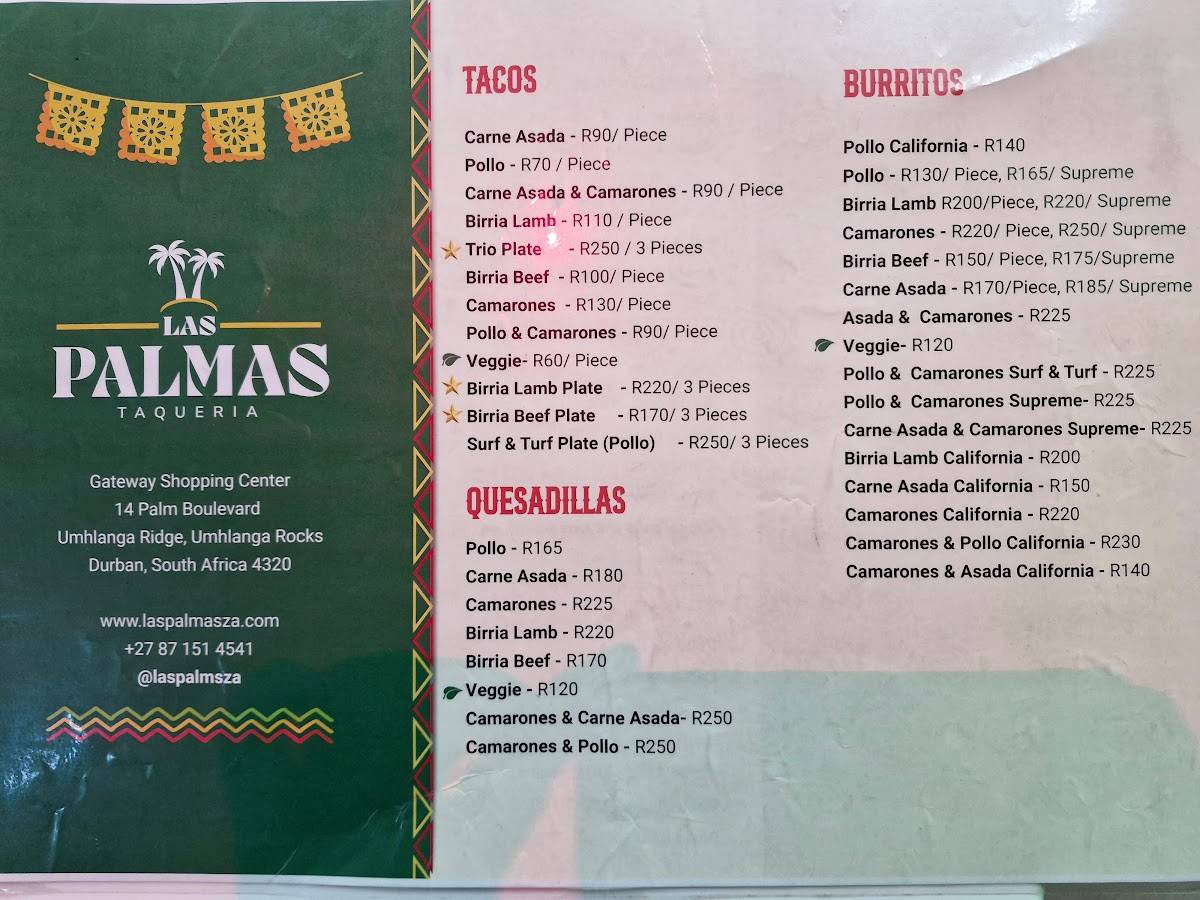 Menu at Las Palmas Taqueria restaurant, Durban, 14 Palm Boulevard ...