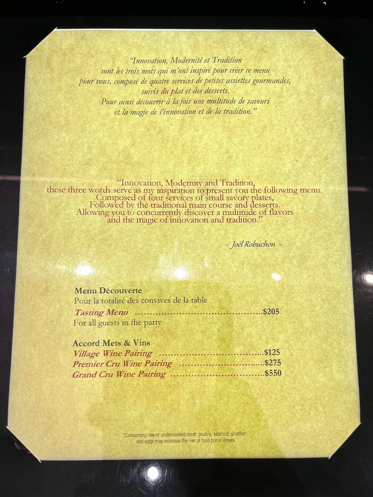 Menu at L'Atelier restaurant, Las Vegas