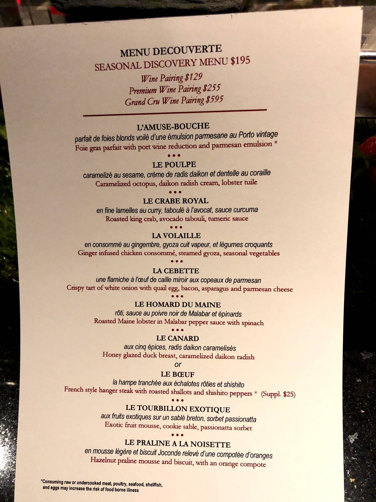 Menu at L'Atelier restaurant, Las Vegas
