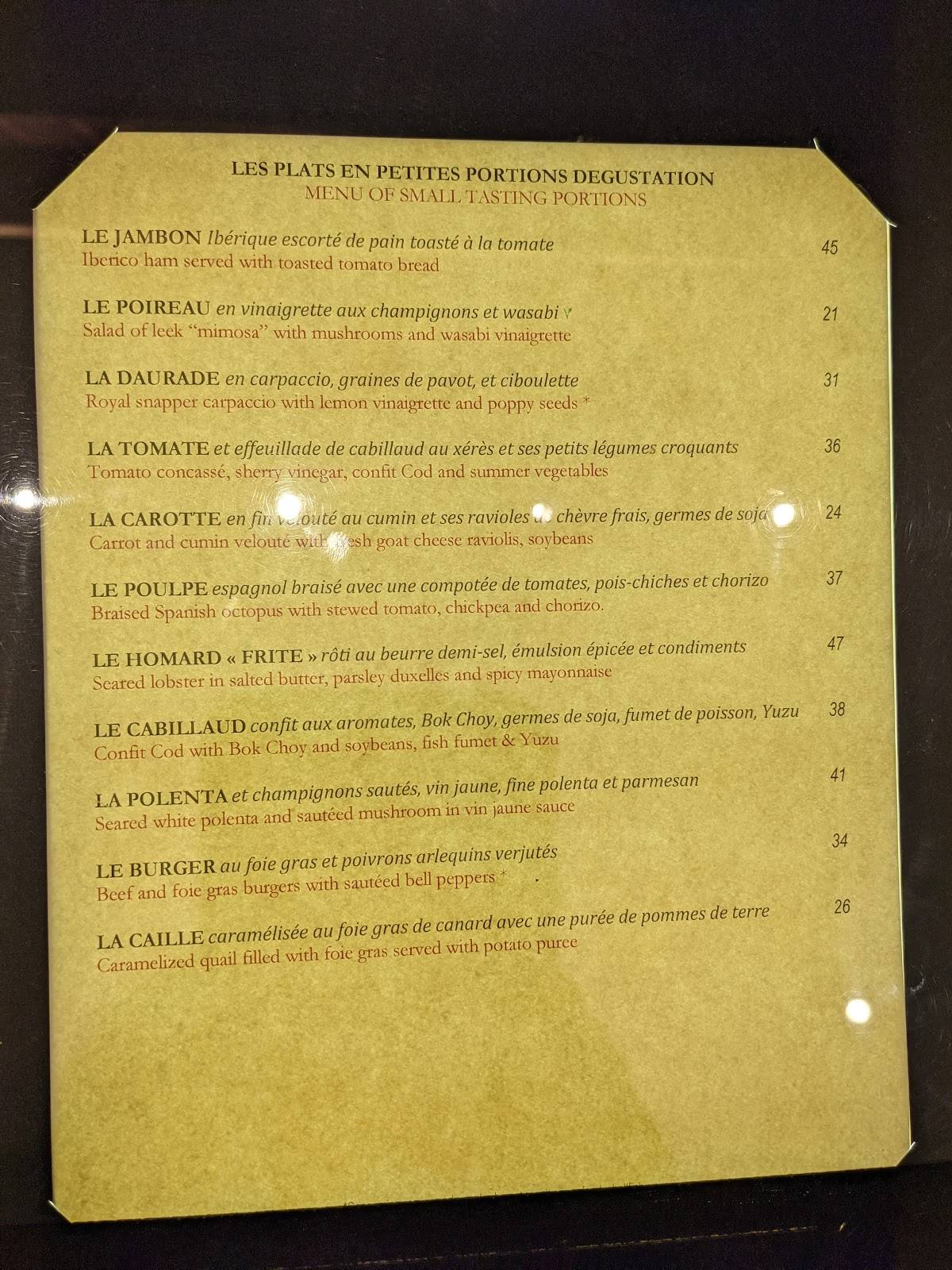 Menu at L'Atelier restaurant, Las Vegas