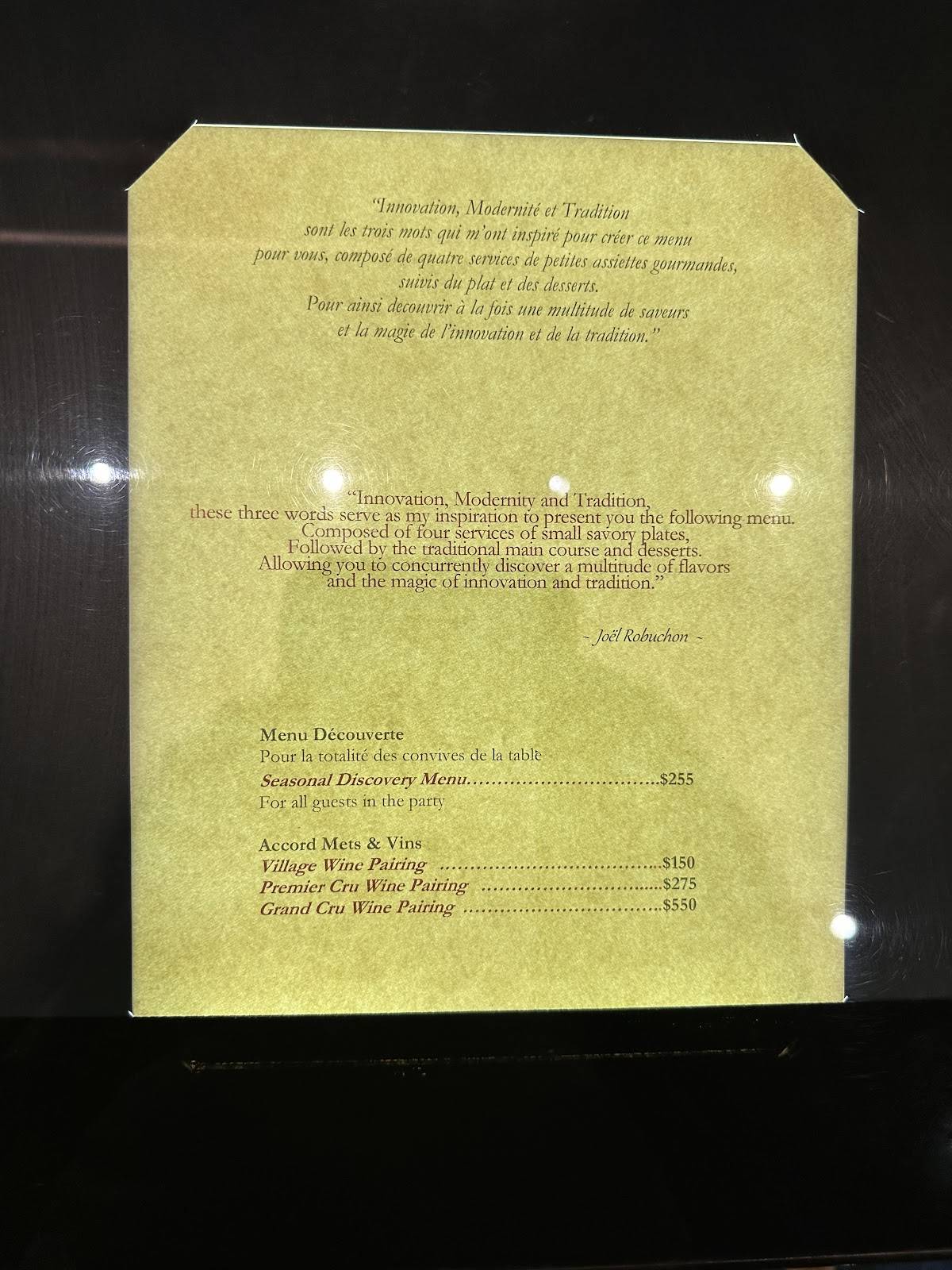 Menu at L'Atelier restaurant, Las Vegas