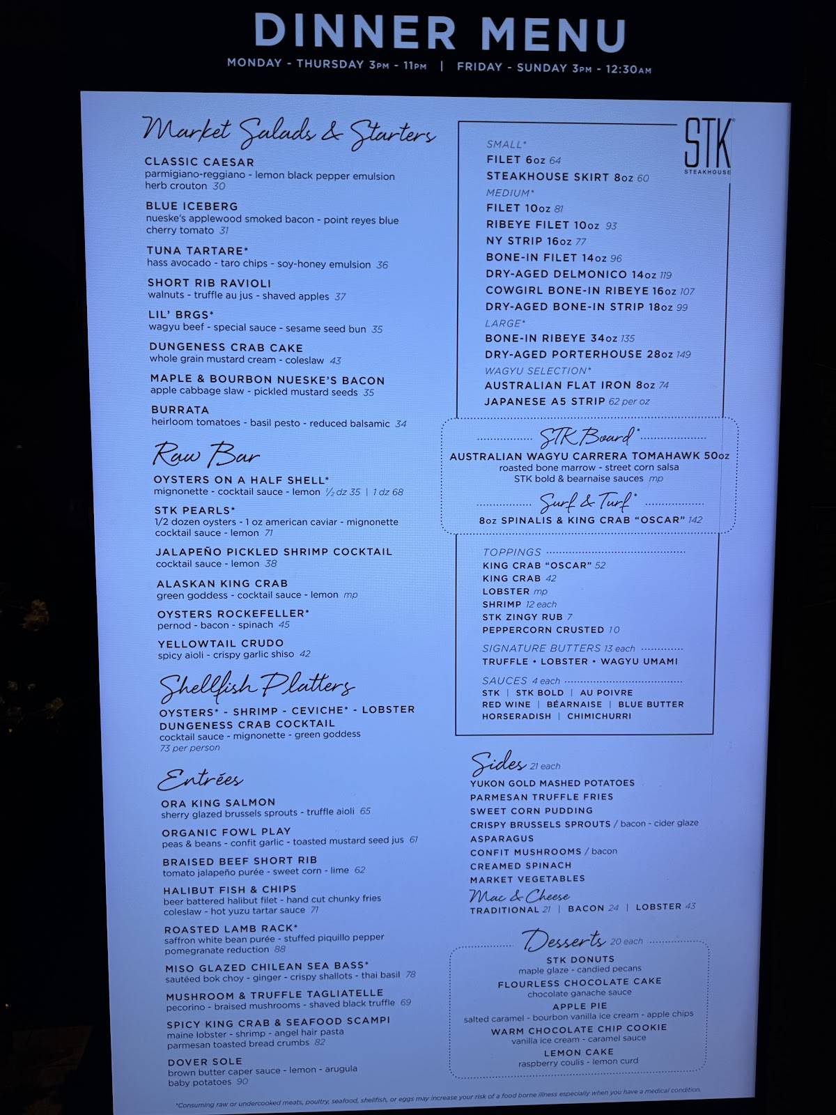 Menu at STK Steakhouse, Las Vegas, Las Vegas Blvd S