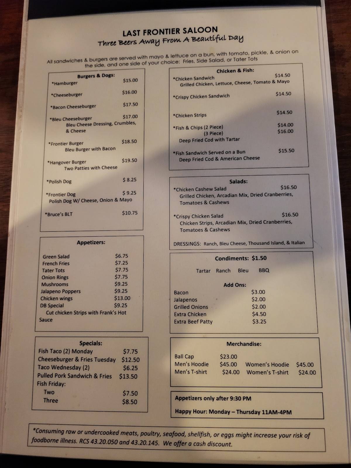 Menu at Last Frontier Saloon pub & bar, Fall City, Redmond-Fall City Rd SE