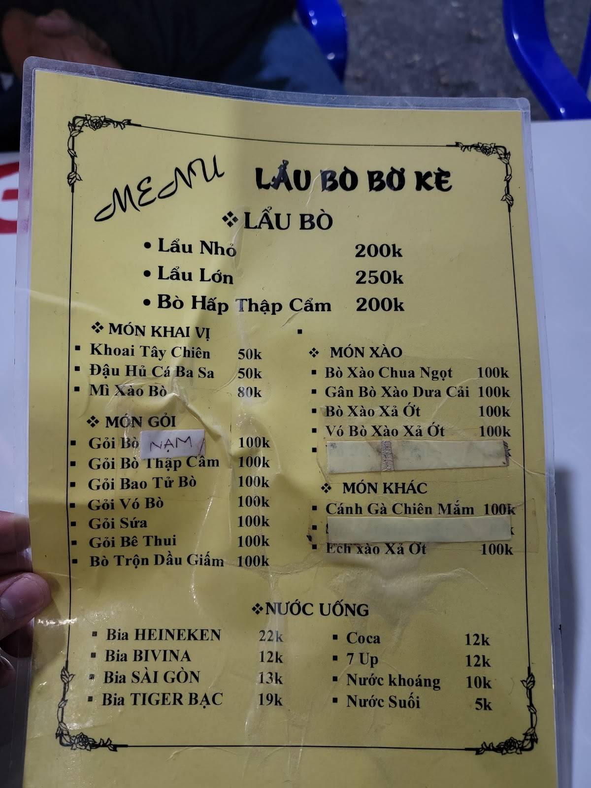 Menu at Lẩu bò Bờ Kè, Cam Ranh