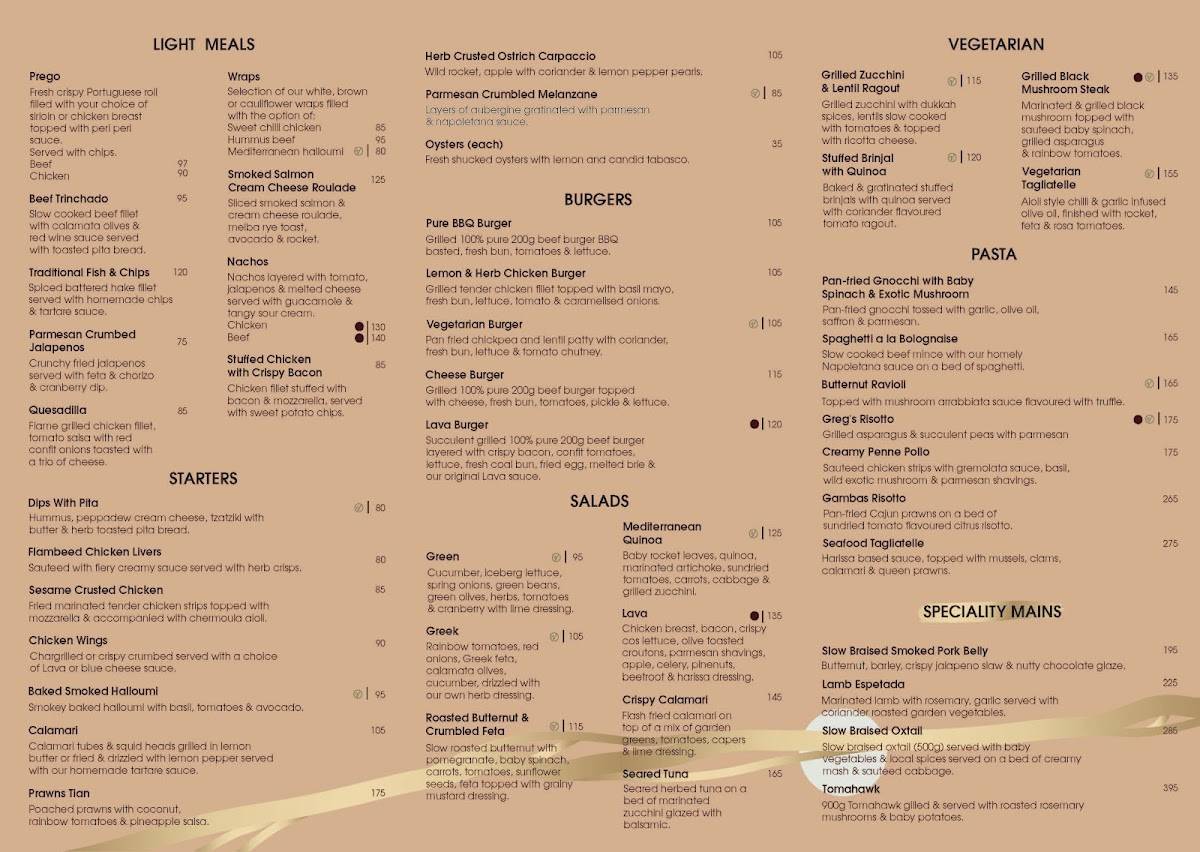 Menu at Lava Lounge restaurant, Roodepoort