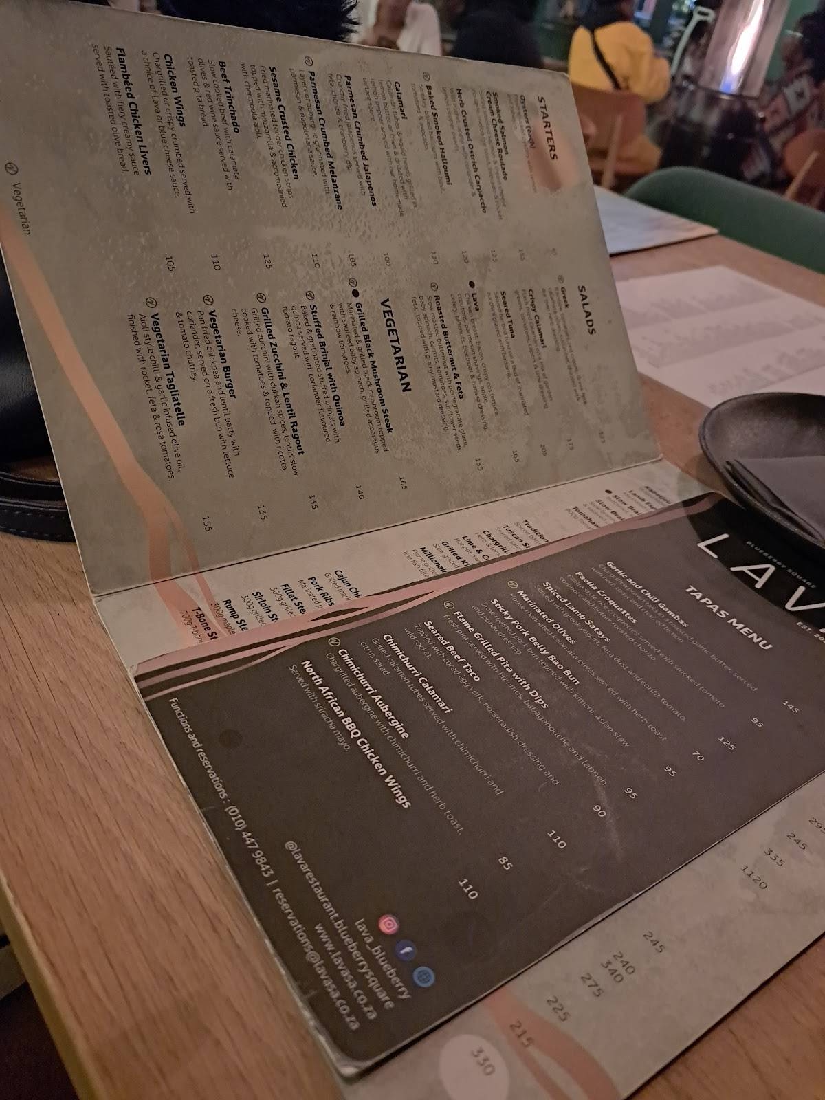 Menu at Lava Lounge restaurant, Roodepoort
