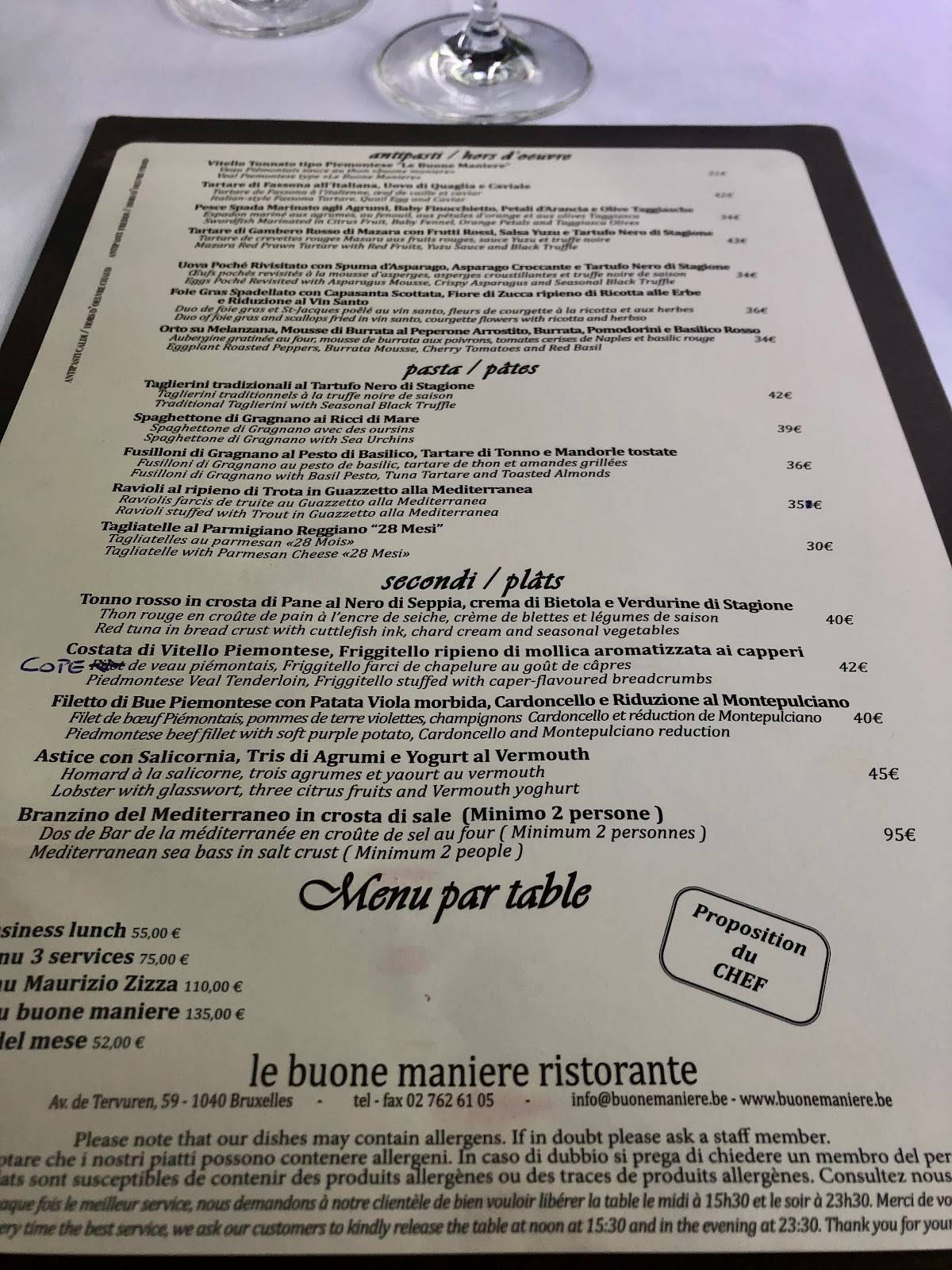Menu au Le Buone Maniere, Etterbeek