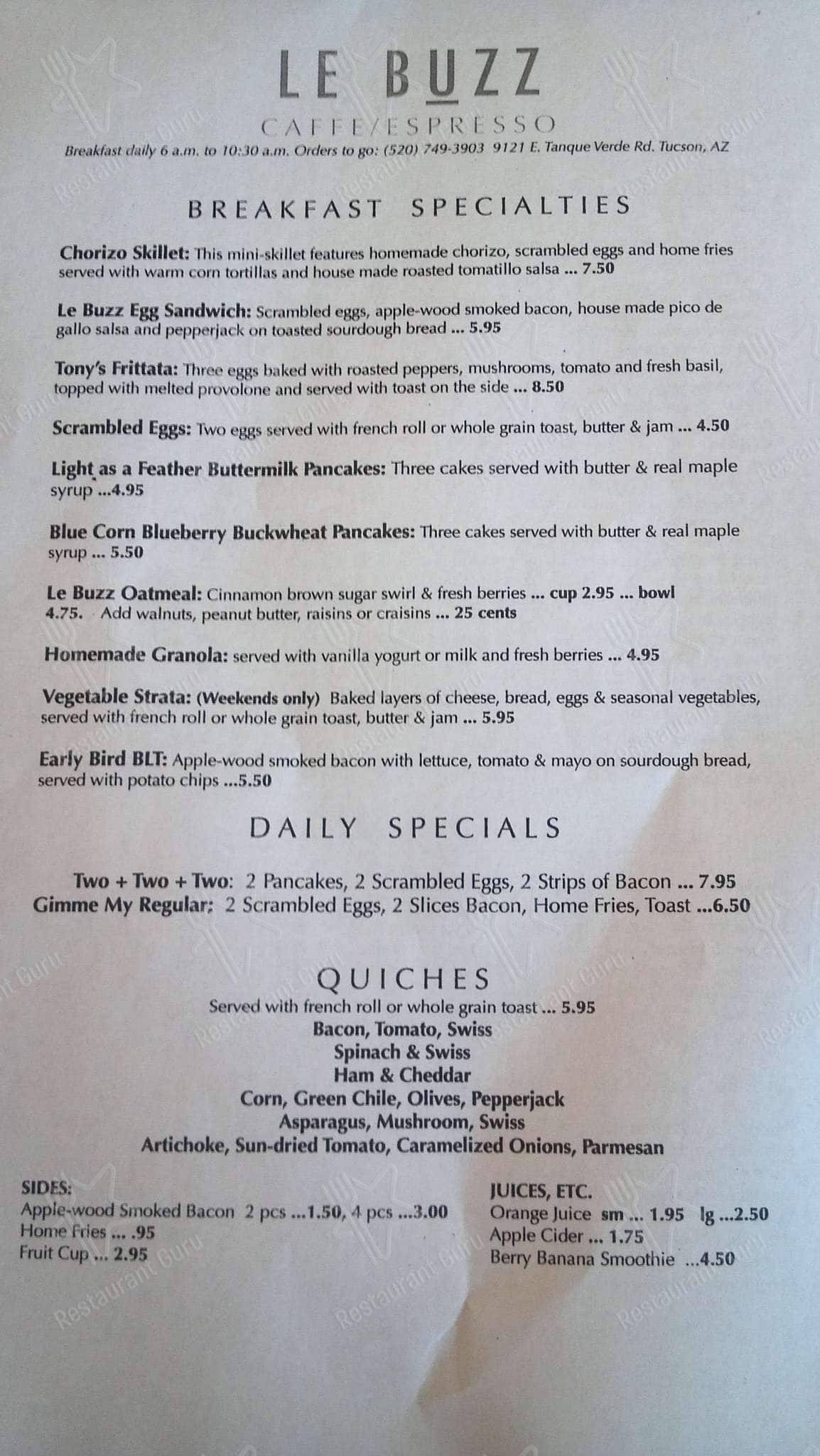 Menu at Le Buzz cafe, Tucson, E Tanque Verde Rd #125