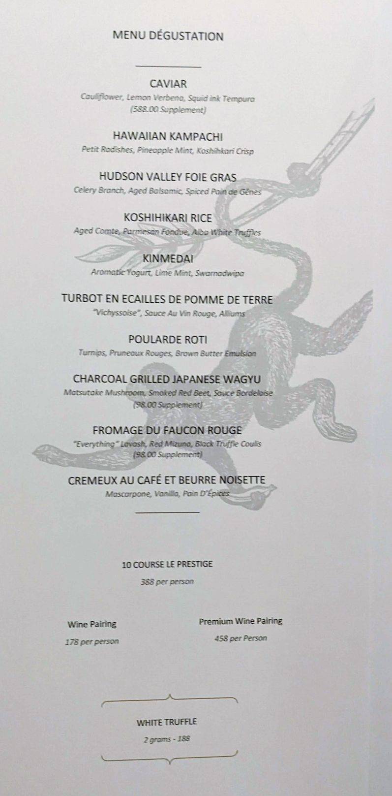 Menu at Le Cirque restaurant, Las Vegas