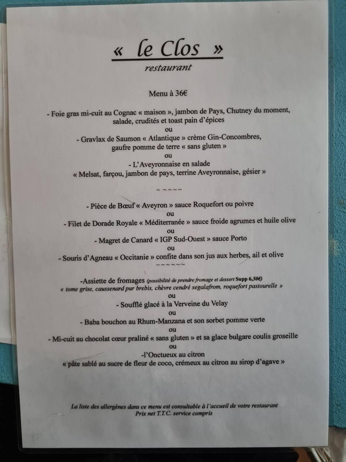 Menu au Le Clos restaurant, Albi