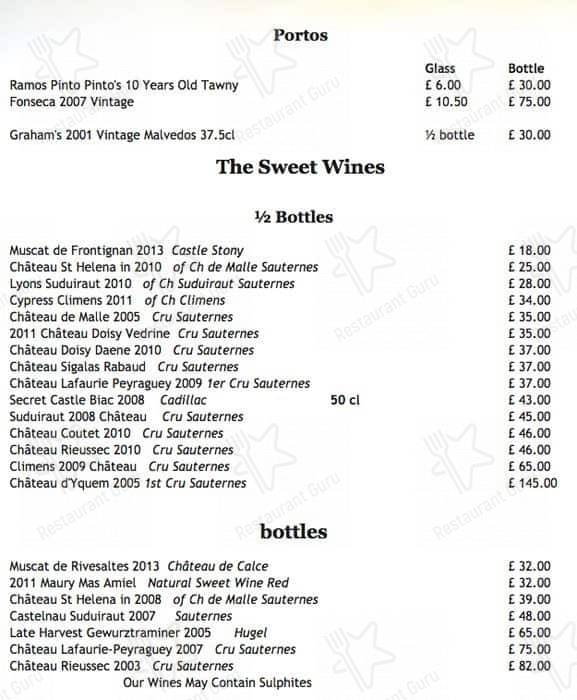 Menu at Le Colombier restaurant, London