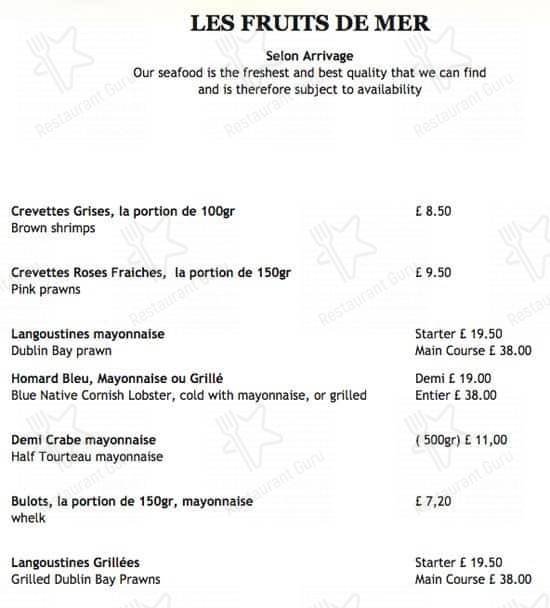 Menu at Le Colombier restaurant, London