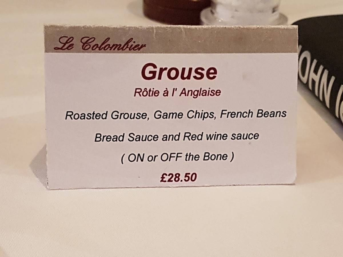 Menu at Le Colombier restaurant, London