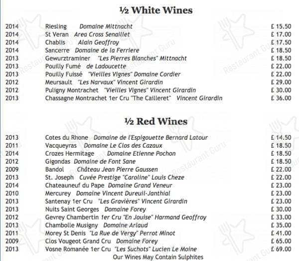 Menu at Le Colombier restaurant, London