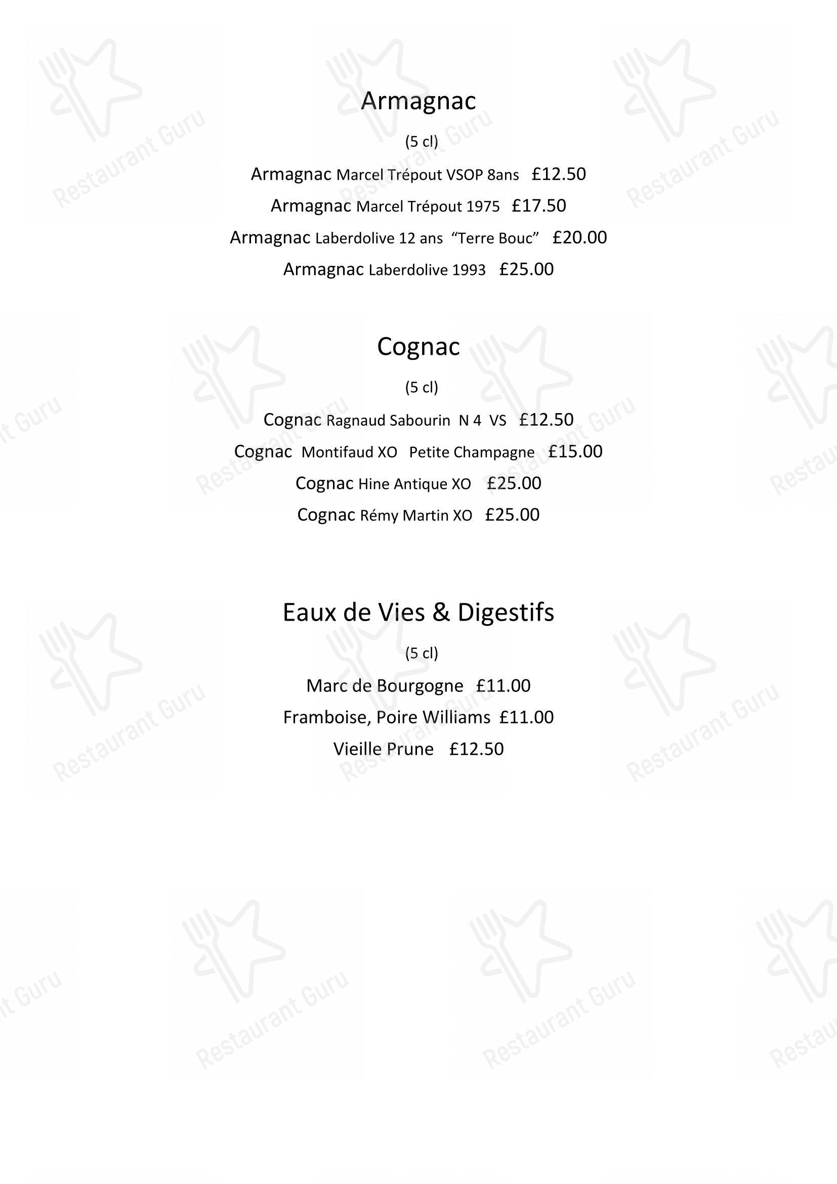Menu at Le Colombier restaurant, London