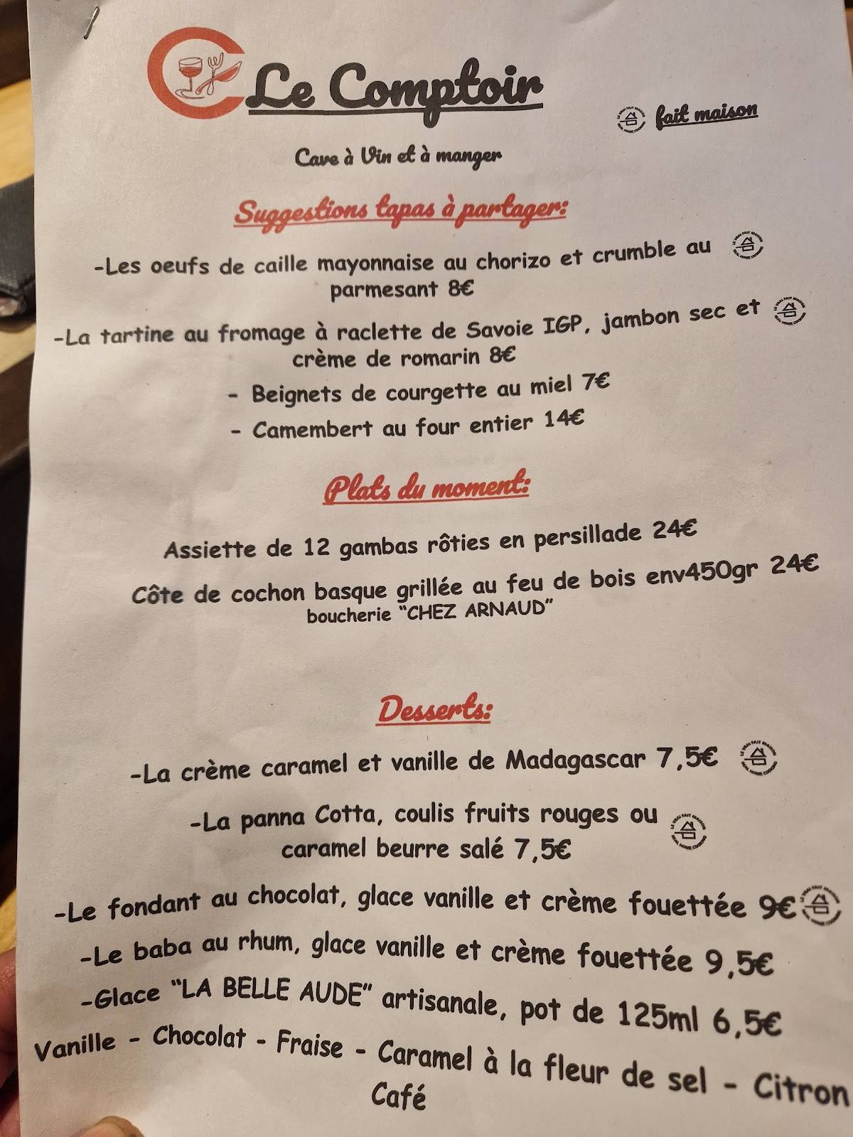 Carta del restaurante Le Comptoir, Villegly