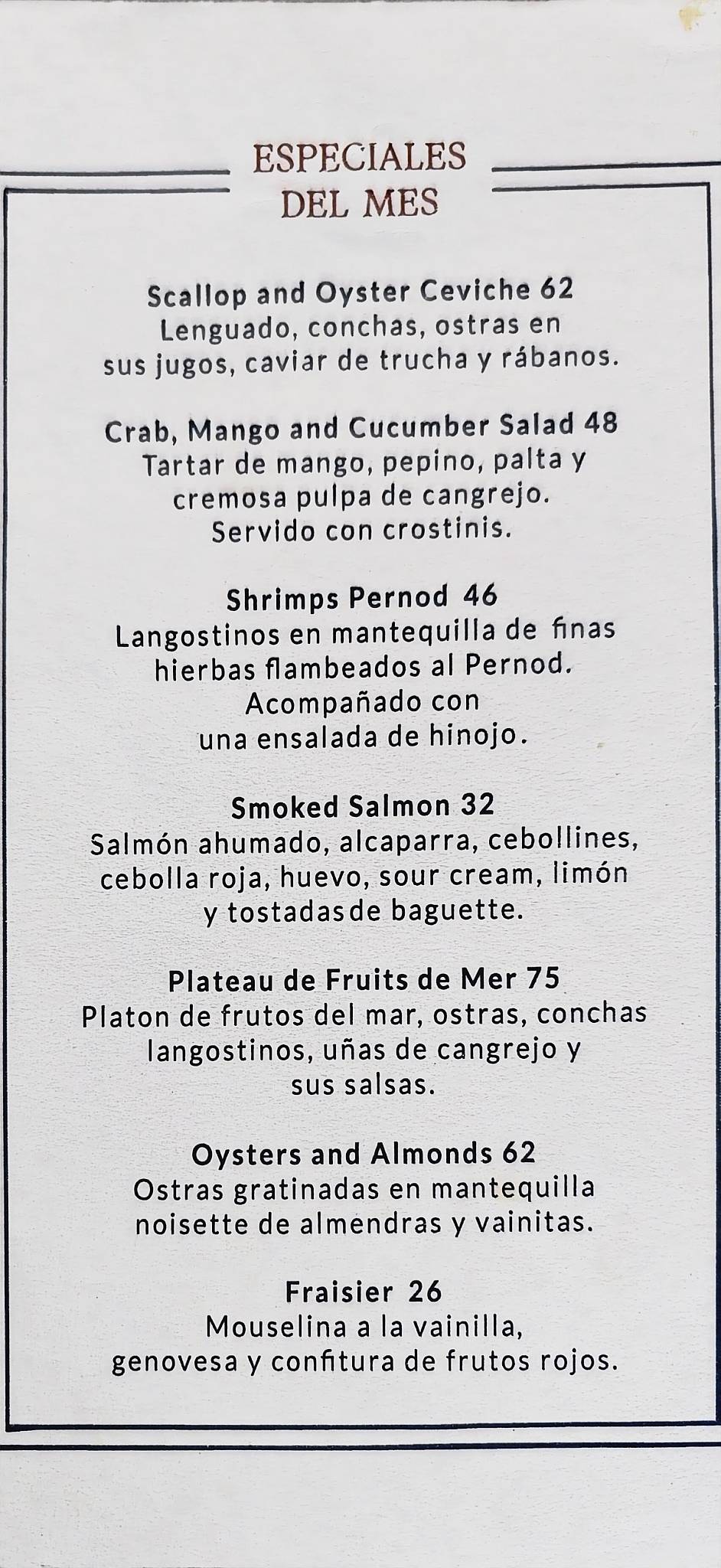 Menu at Le Coq restaurant, San Isidro