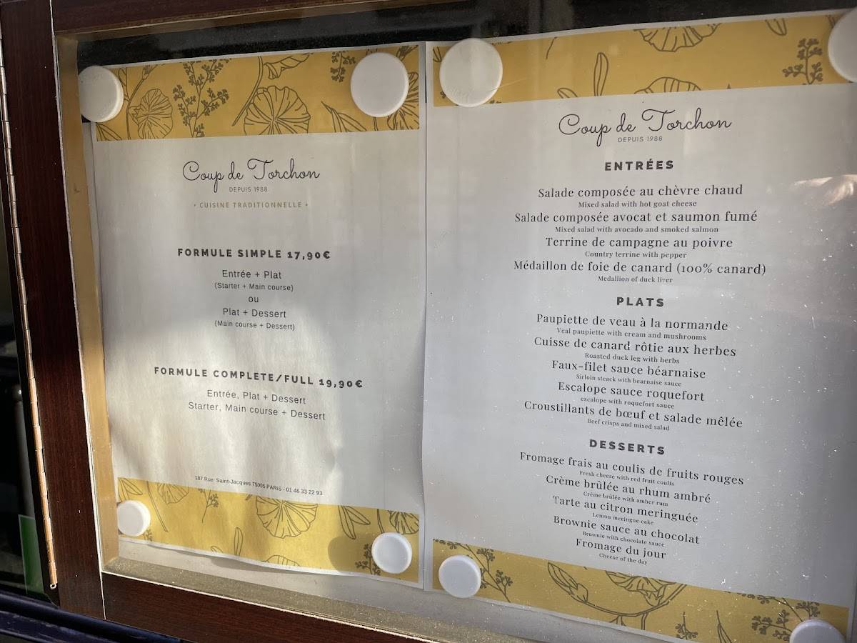 Menu at Le Coup de Torchon restaurant, Paris, 187 Rue Saint-Jacques