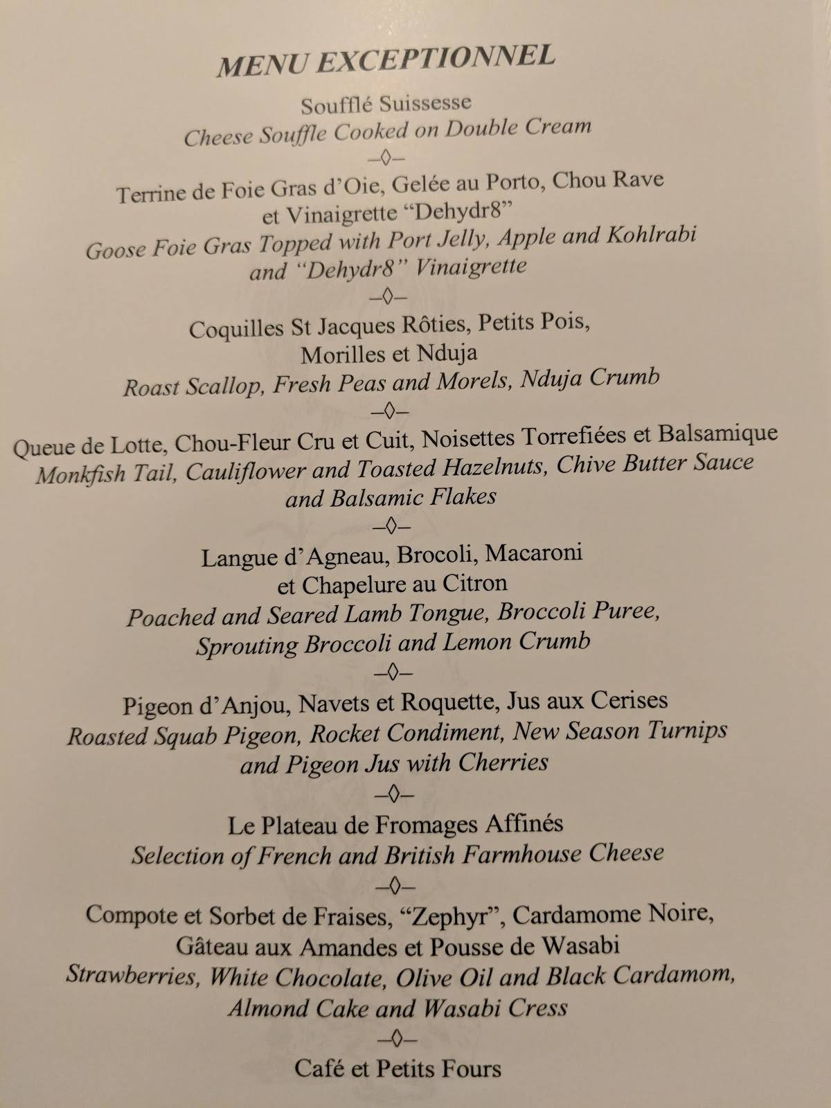 Menu at Le Gavroche restaurant, London