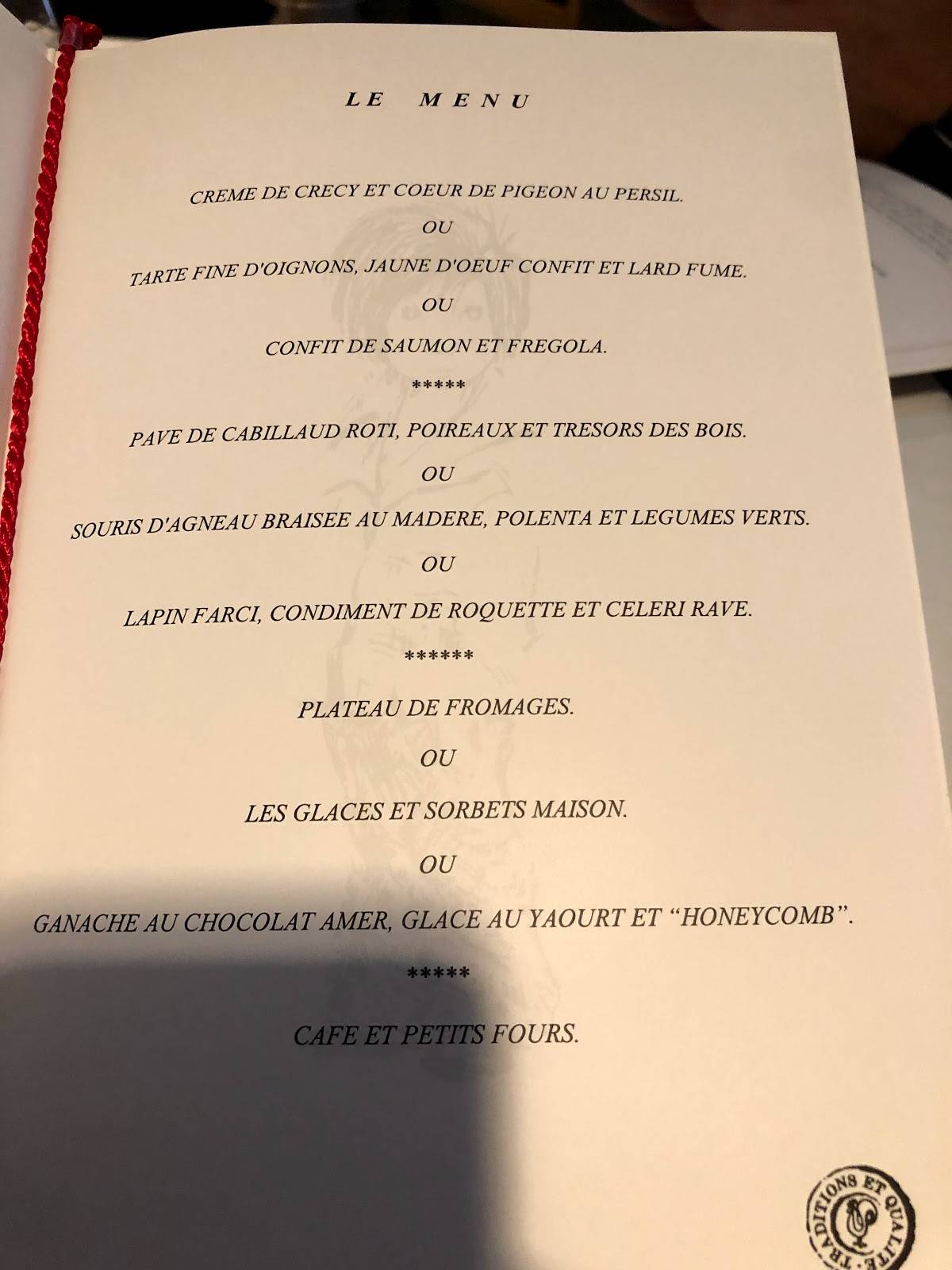 Menu at Le Gavroche restaurant, London
