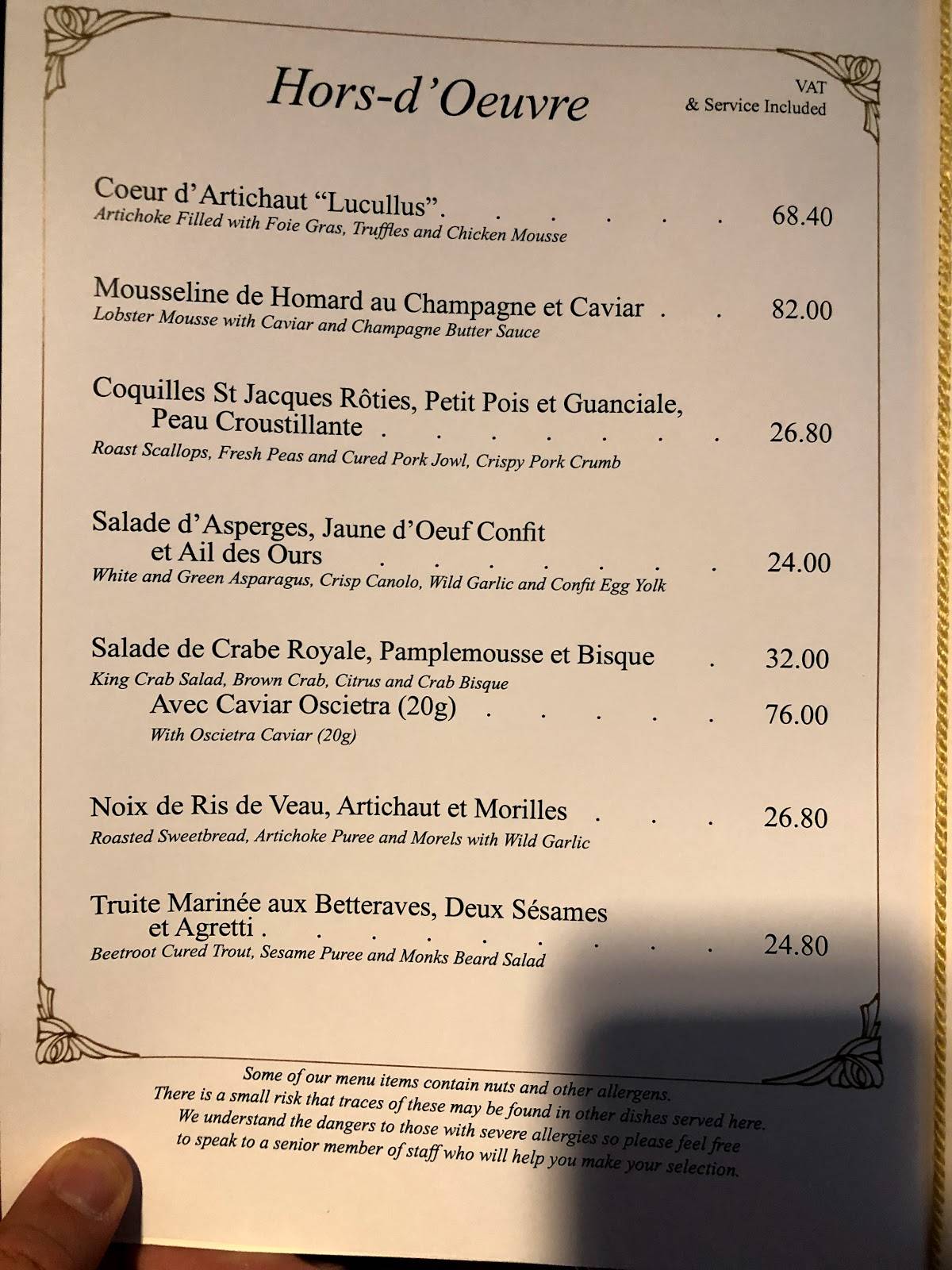 Menu at Le Gavroche restaurant, London