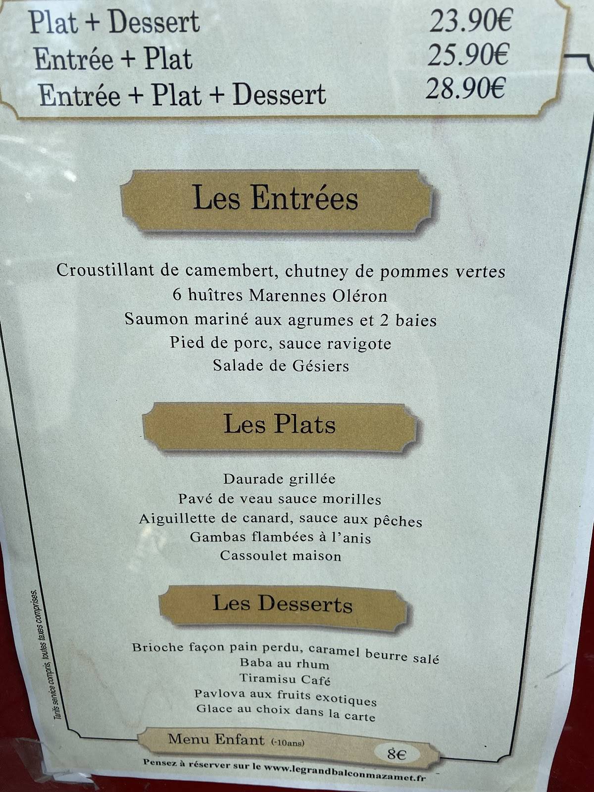 Menu au Le Grand Balcon restaurant, Mazamet