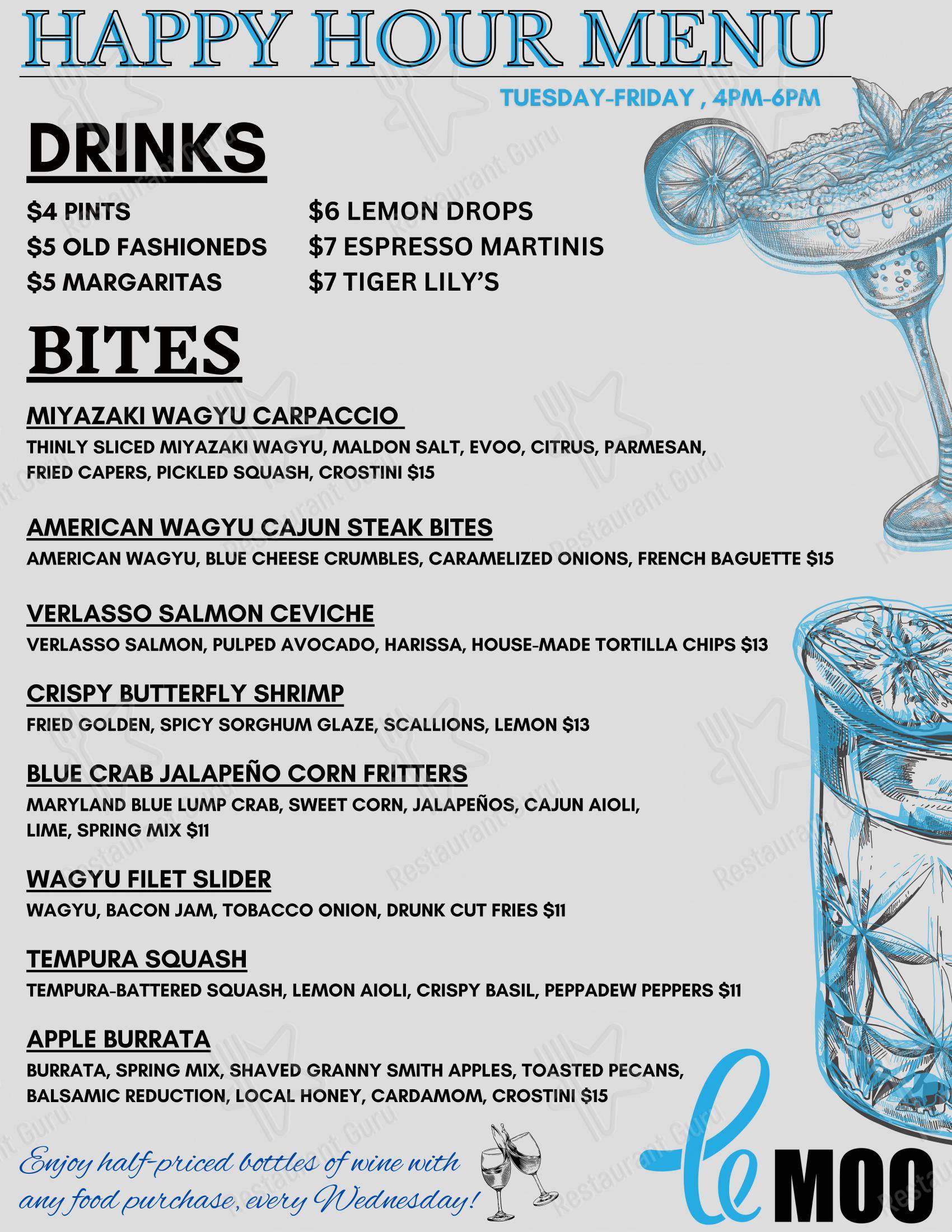 Menu at Le Moo steakhouse, Louisville