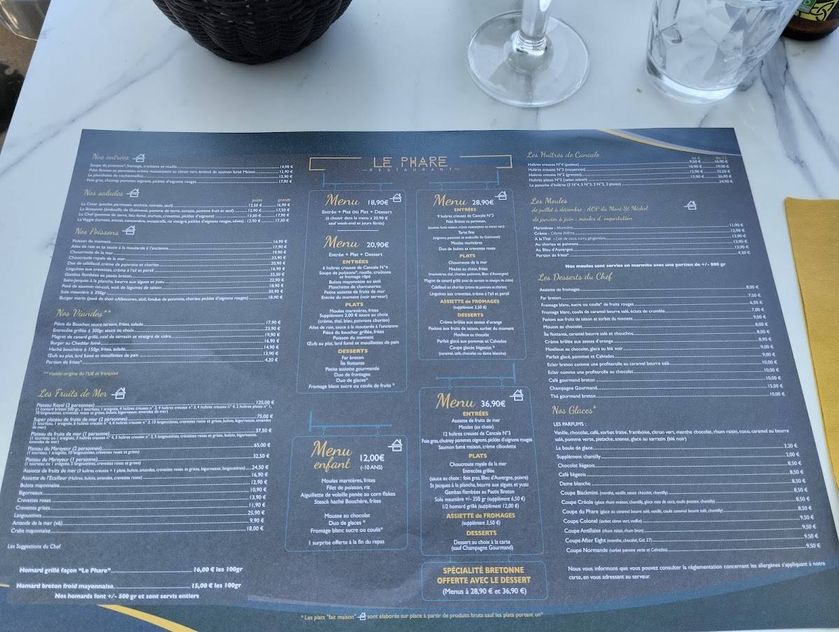 Menu au Le Phare restaurant, Cancale, 6 Quai Administrateur Chef Thomas