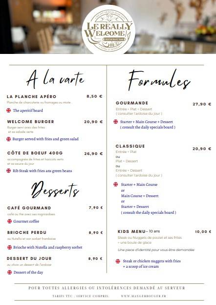 Menu au Le Really Welcome restaurant, Roissy-en-France