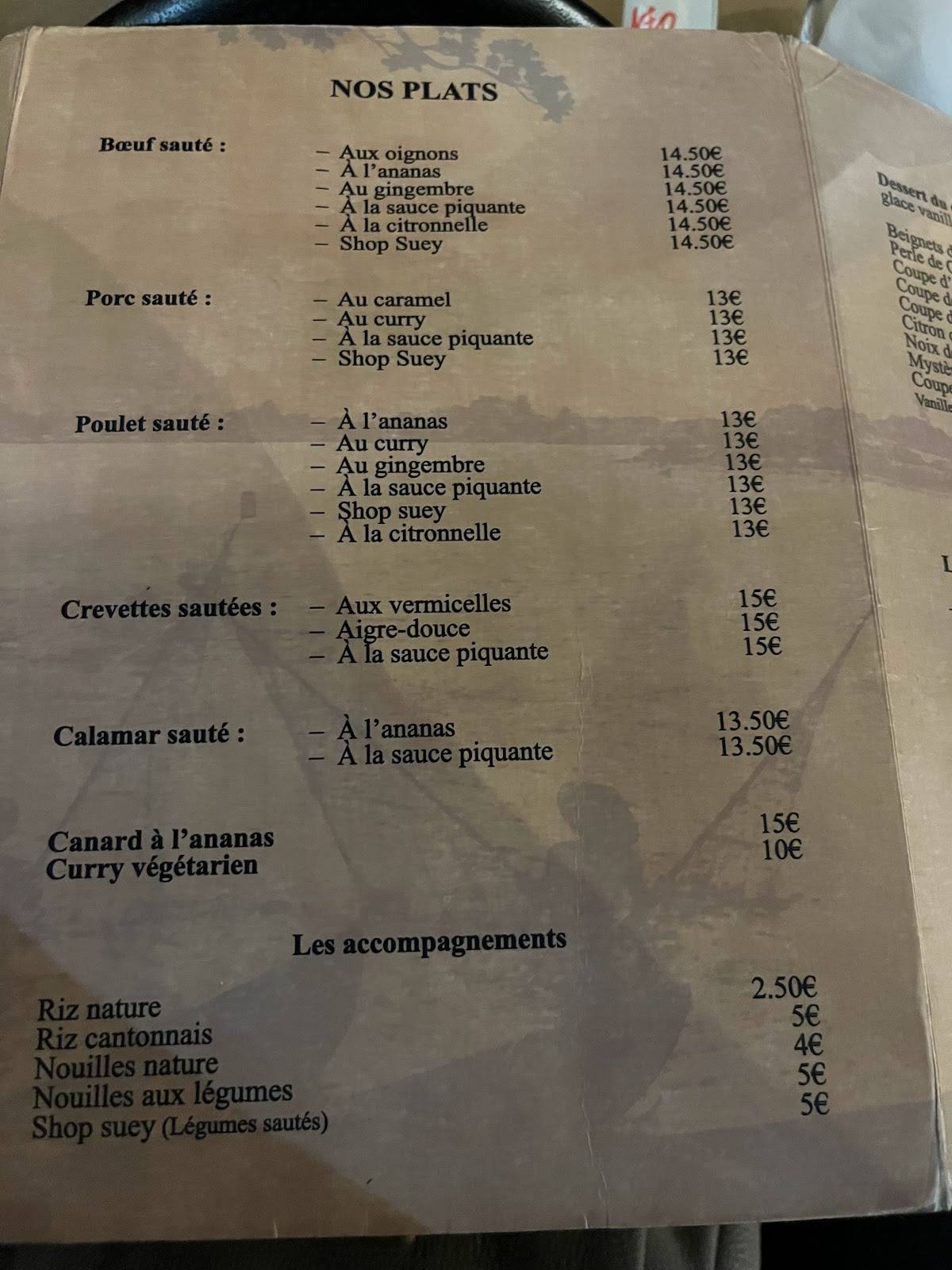Menu at Le Saïgon restaurant, Bastia