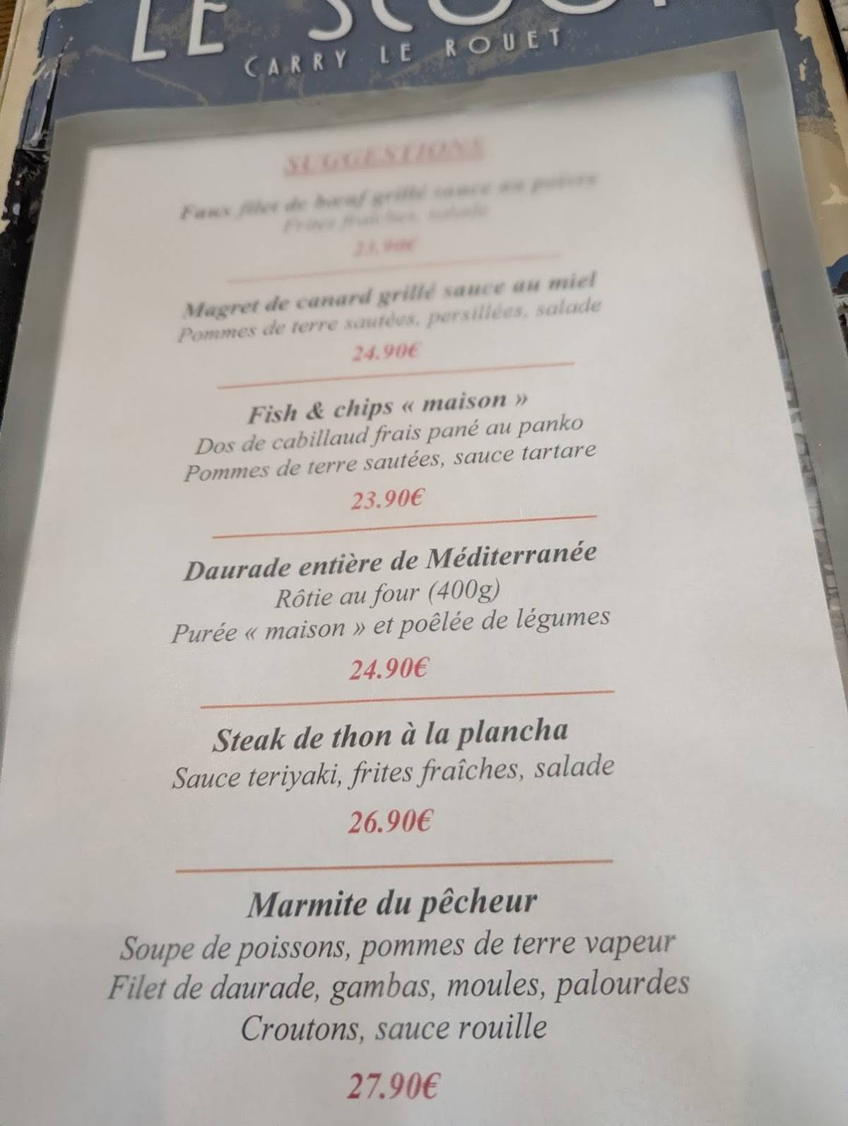 Menu au Le Scoop - La table du Pêcheur restaurant, Carry-le-Rouet